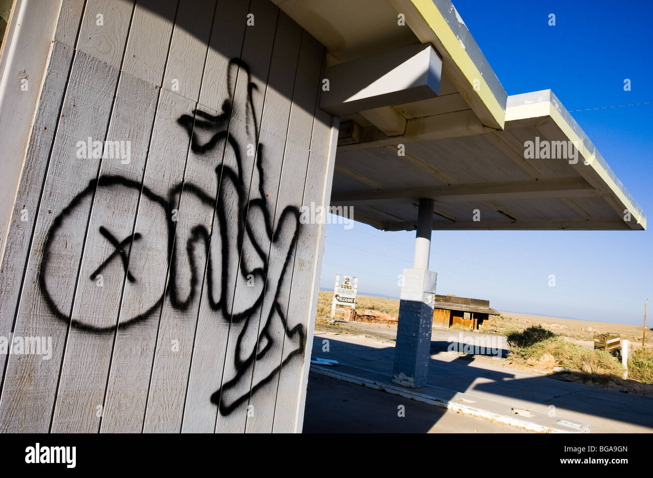 Graffiti on an abandoned gas station in Two Guns, Arizona Stock Photo ...