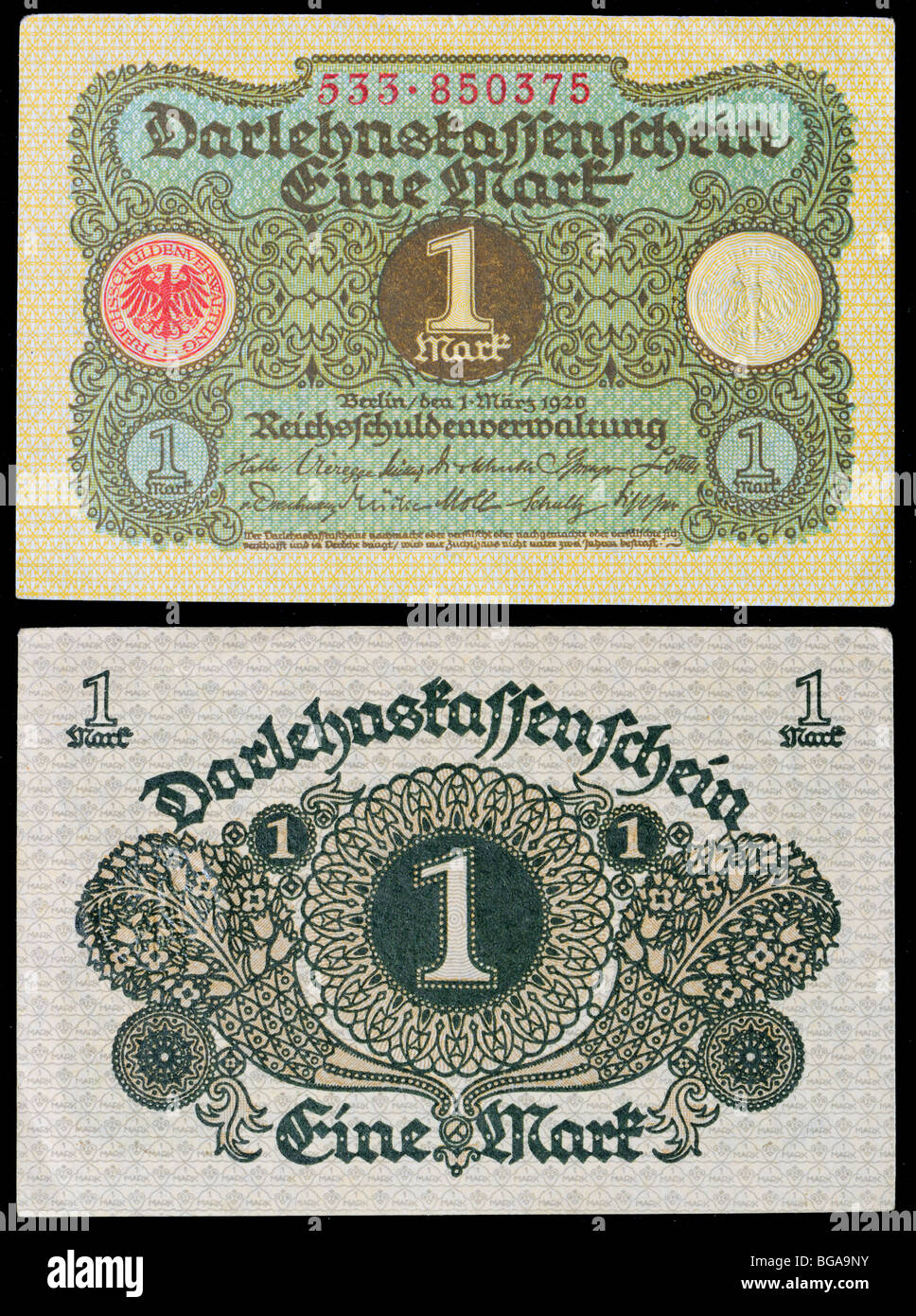 German 1 Mark banknote from 1929. Darlehnskassenschein Stock Photo - Alamy