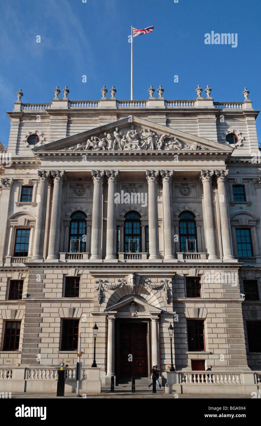 Looking up at the front facade of HM Treasury Building, Whitehall ...
