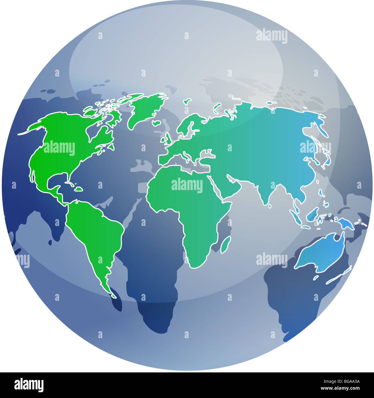 Map of the world illustration, on glossy spherical globe Stock Photo ...
