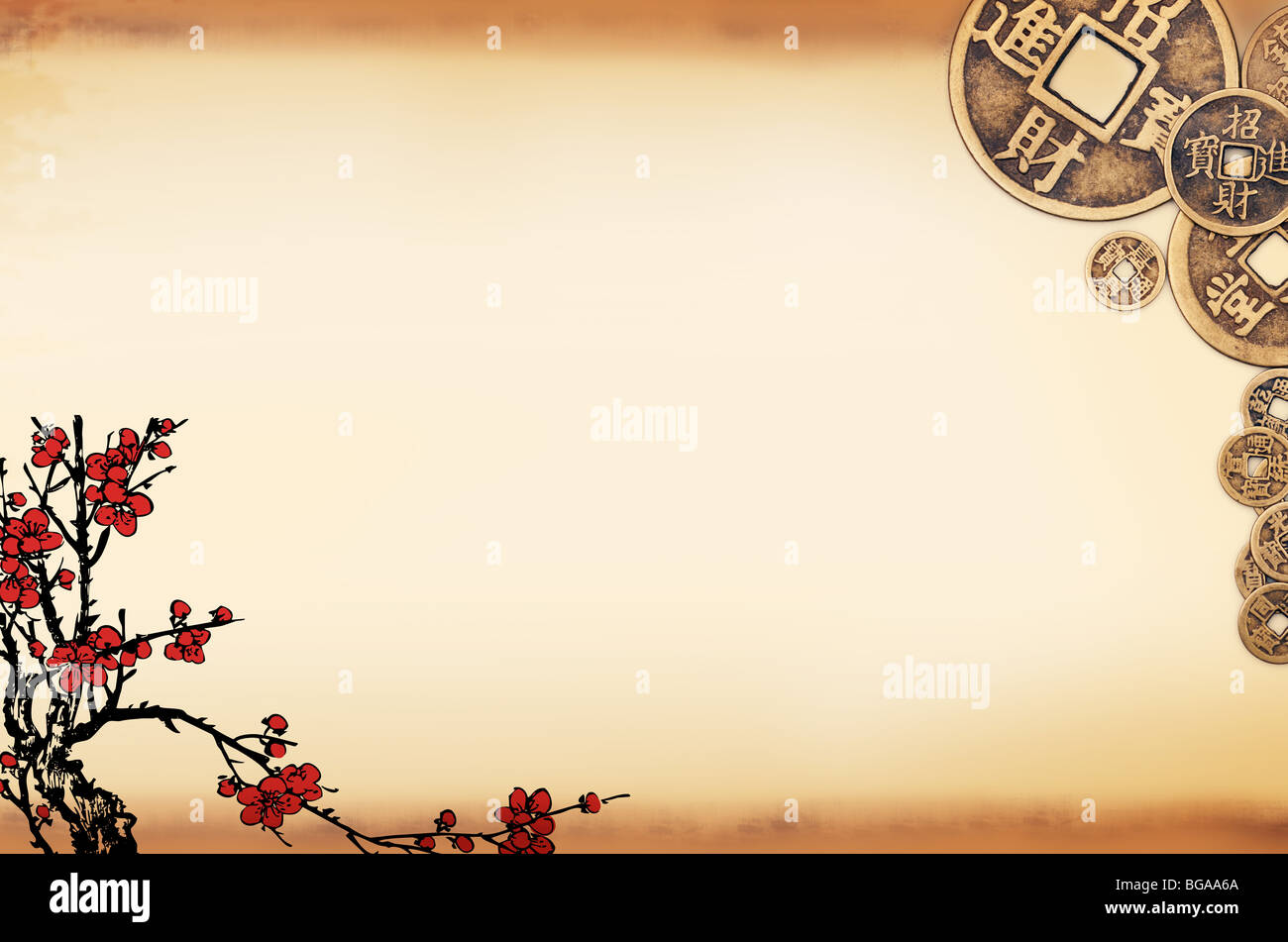 Traditional plum pattern and ancient copper coins on a vintage ...