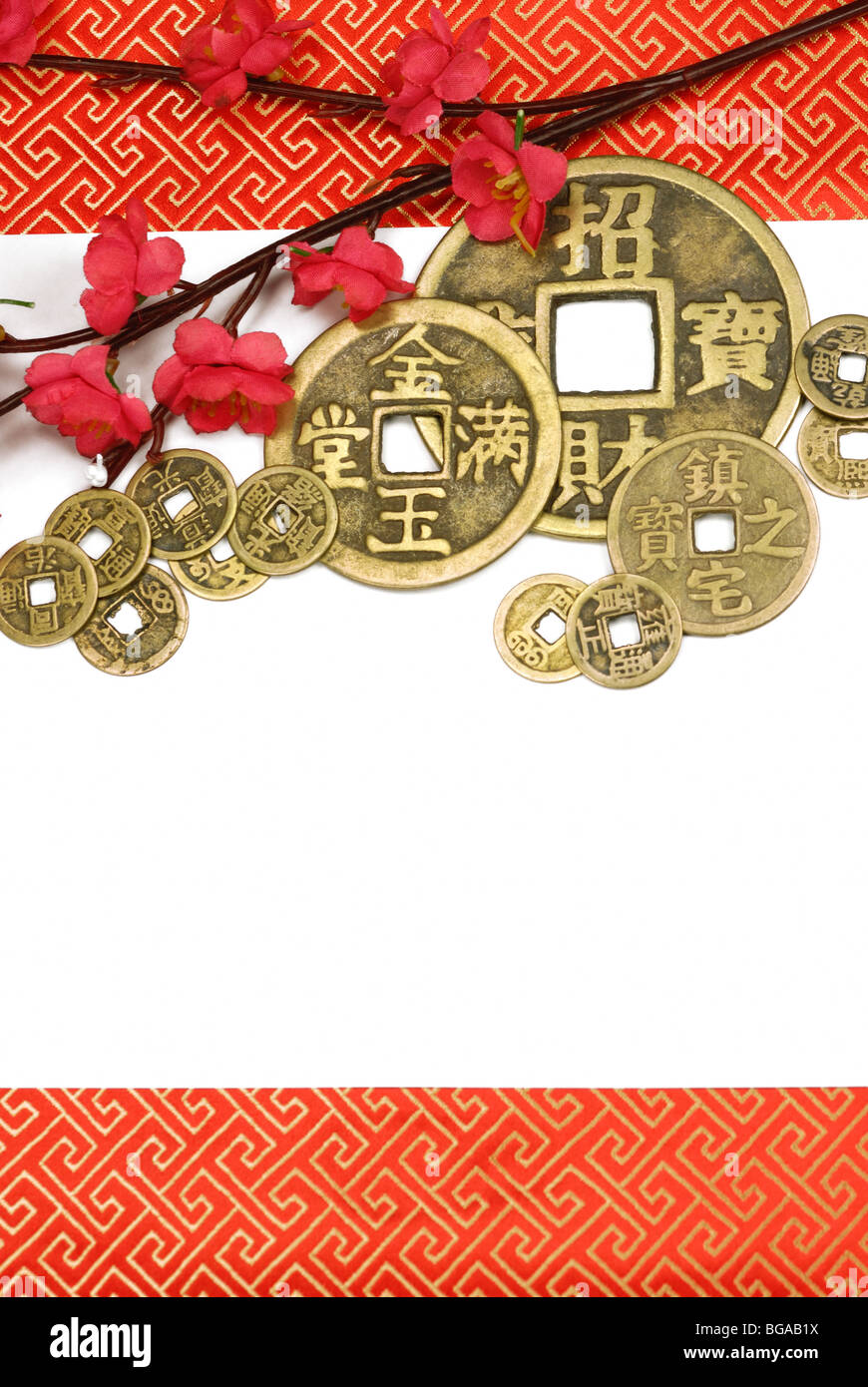 Ancient chinese copper coin with plum blossom on white background Stock ...