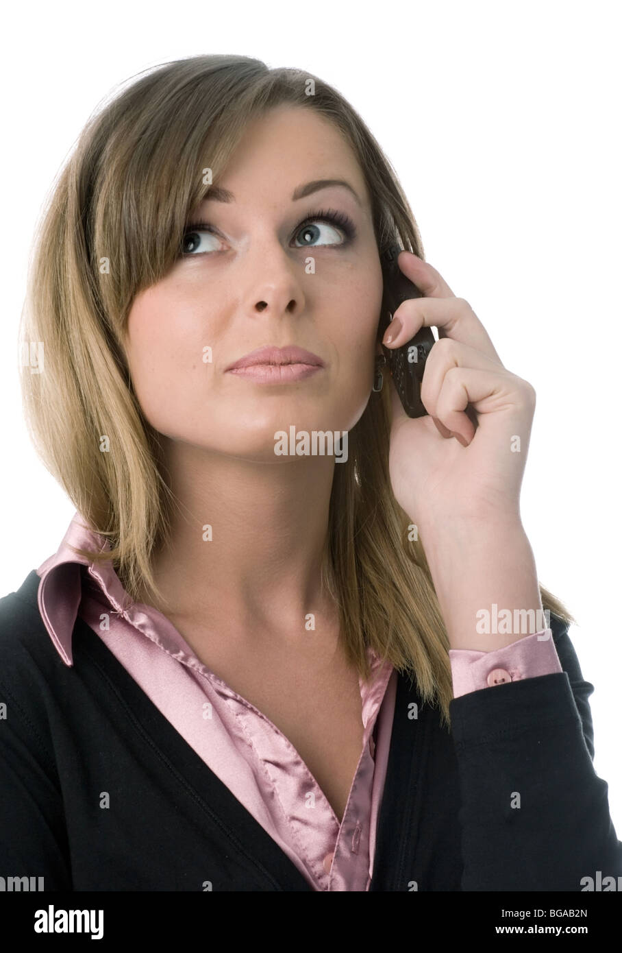 young beautiful woman speaking over the phone mobile, isolated on white ...