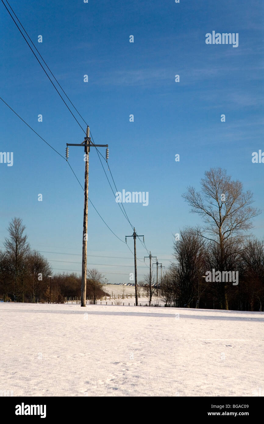 A row of telegraph poles support telephone wires over a snowy winter ...