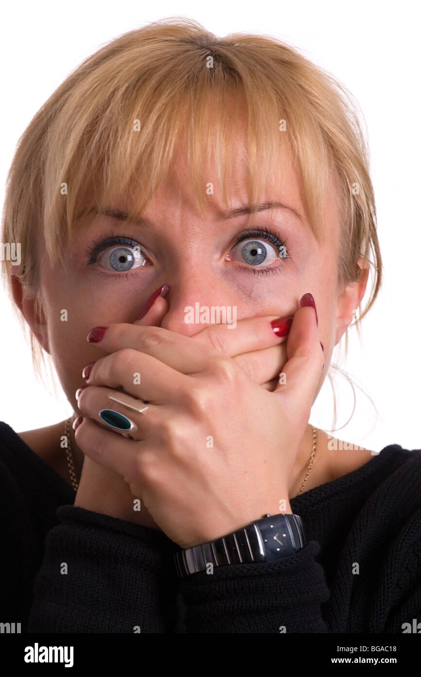 Close-up portrait of the scared woman, isolated on white Stock Photo ...