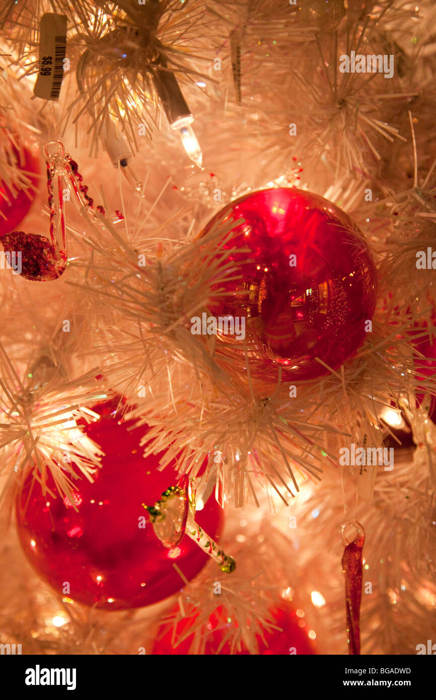 Big red glass globes in the white branches - Christmas decorations and ...