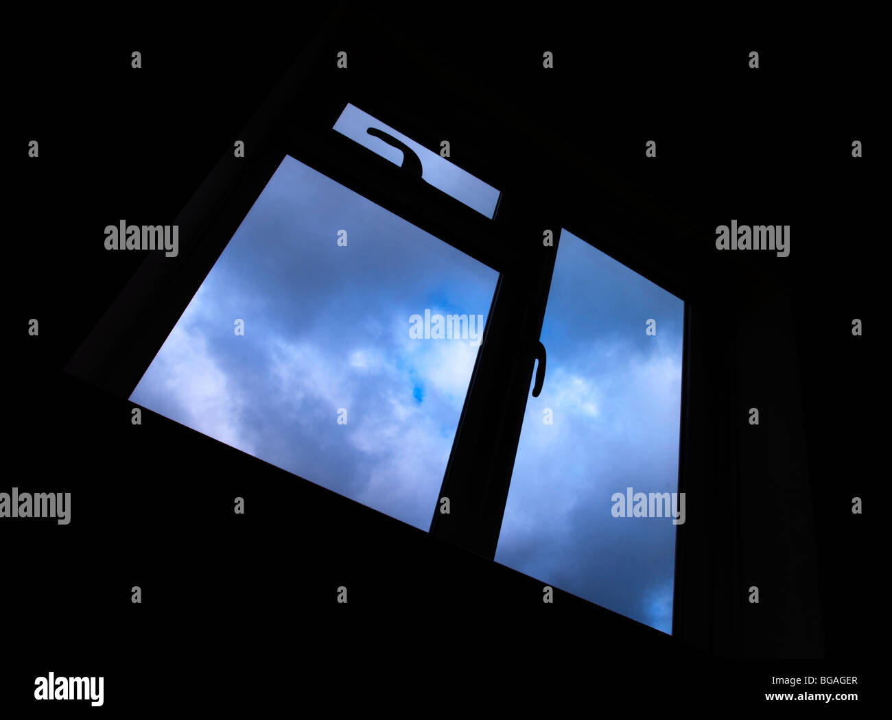 Modern window with view of sky against black background Stock Photo - Alamy