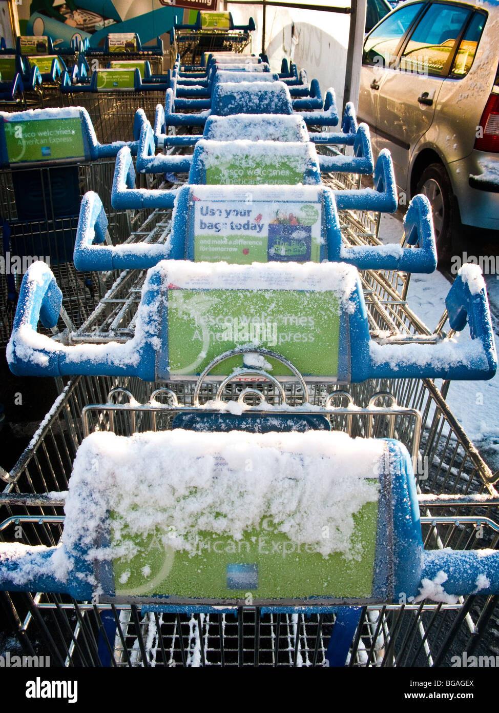 Frozen food. Supermarket trolleys in a line after a cold snap, ENgland ...