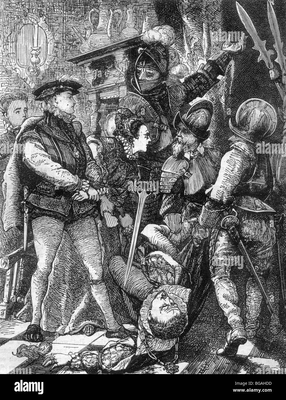 Black and White Illustration; The murder of David Rizzio at Holyrood ...