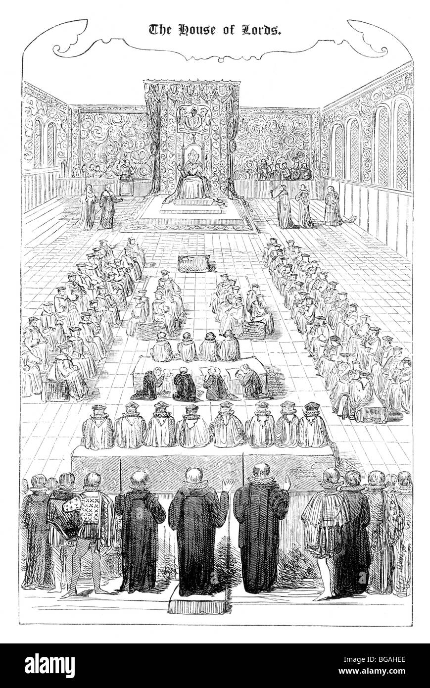 Black and White Illustration; Queen Elizabeth I and her Parliament ...