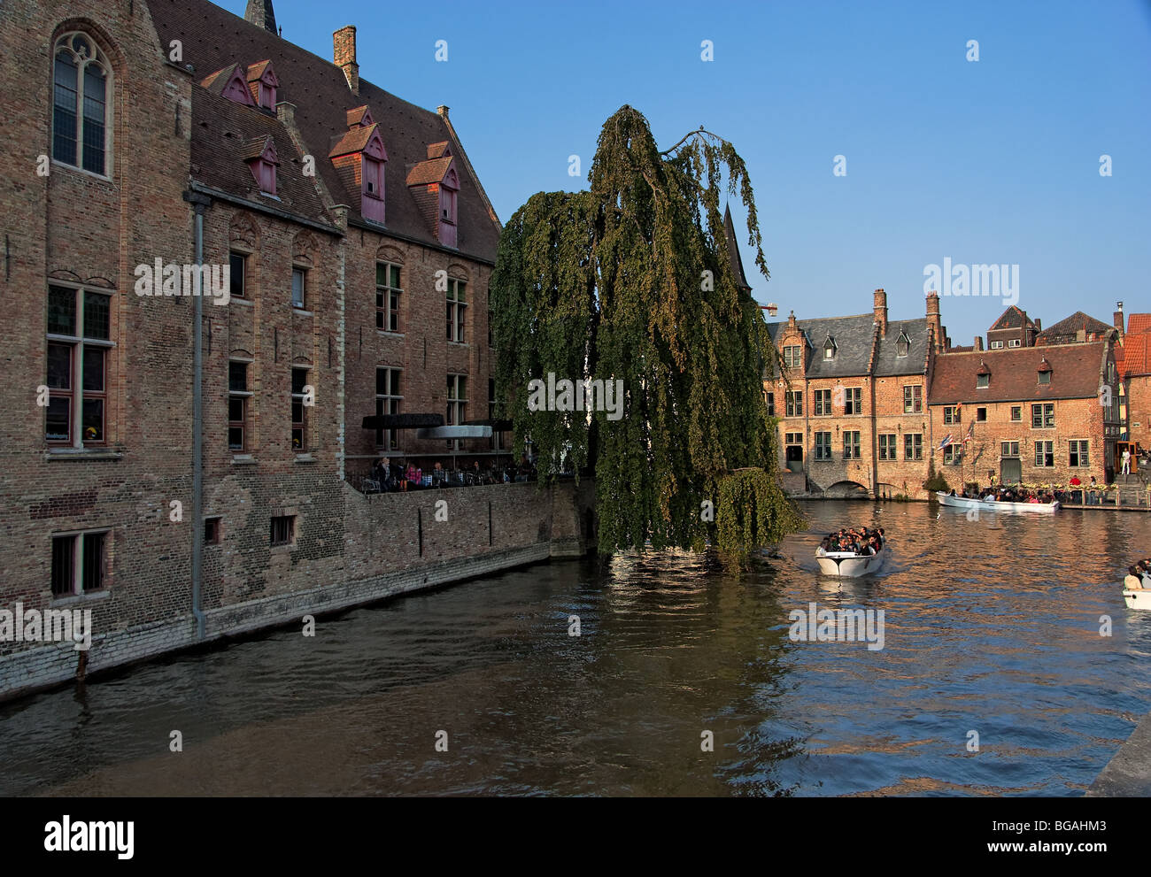 flanders city bruges brugge belgium ancient houses canal river boat ...