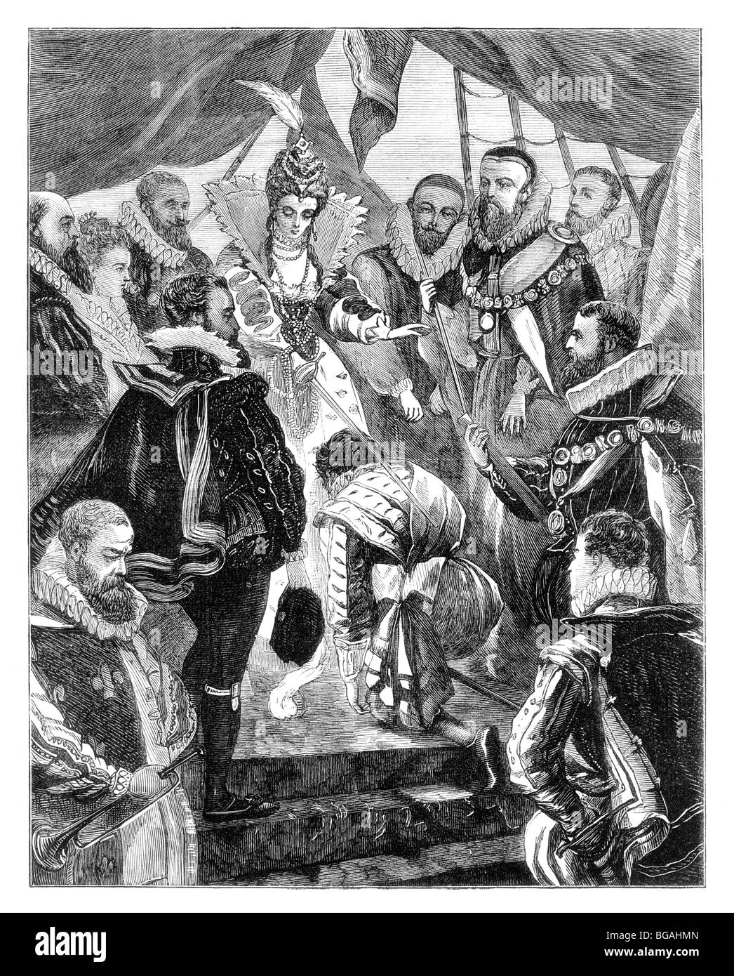 Illustration; Queen Elizabeth I knighting Francis Drake1585 Stock Photo ...