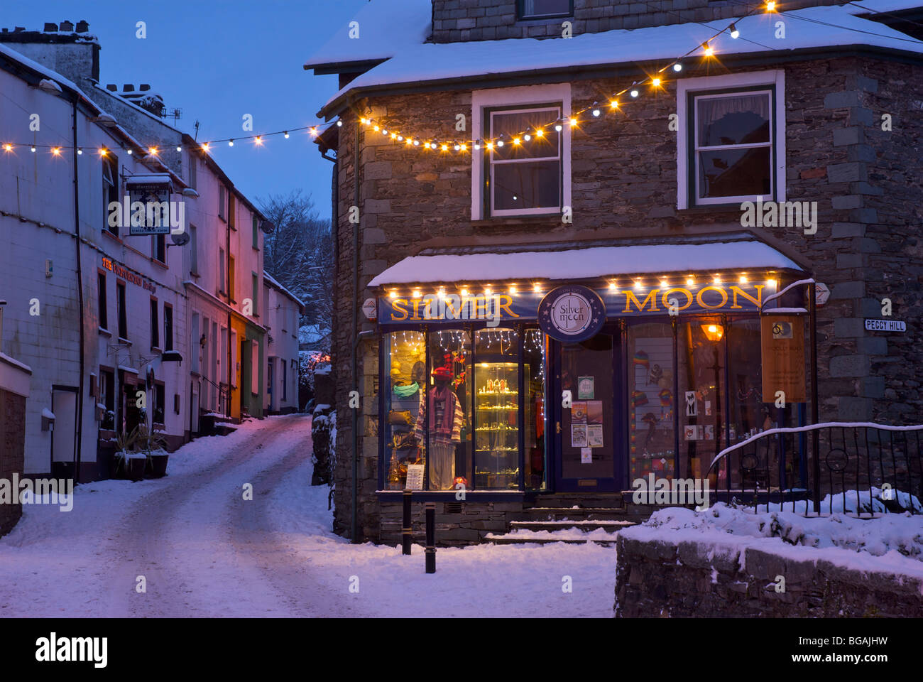 North Road, Ambleside, on a snowy winter's evening, Lake District ...