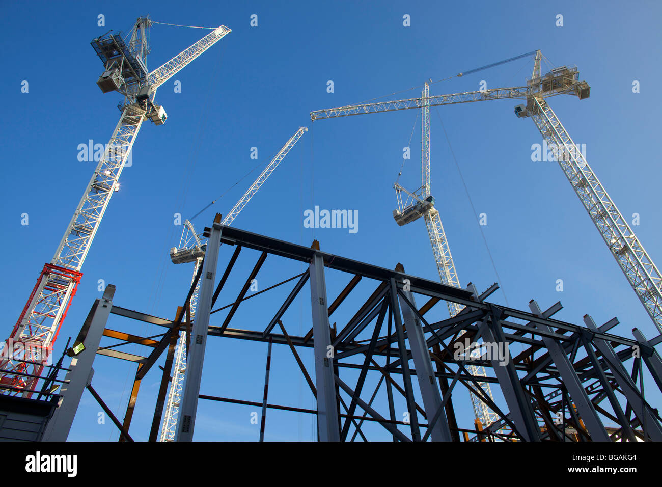 Building cranes above steel framework for a new skyscraper in London UK ...