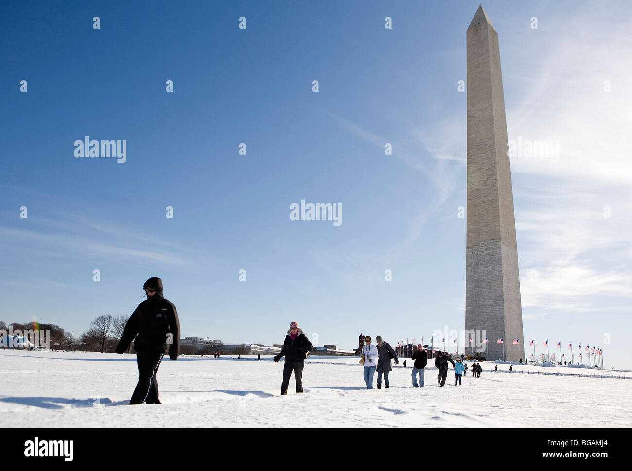 A Washington DC snow scene of the Mall showing the Washington Monument ...
