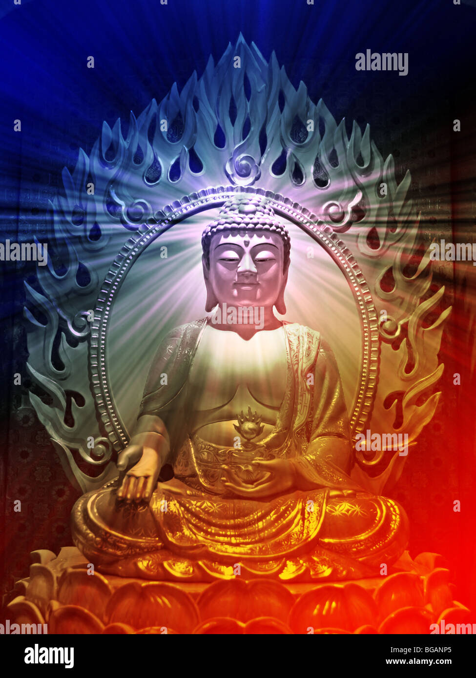 Buddha religious illustration with glowing light halo Stock Photo - Alamy