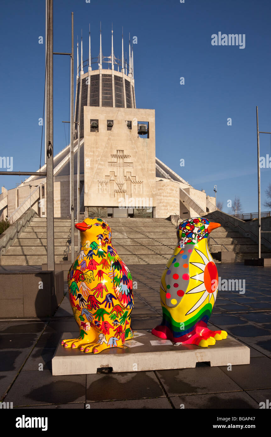 Two painted penguins outside Liverpool's metropolitan cathedral as part ...