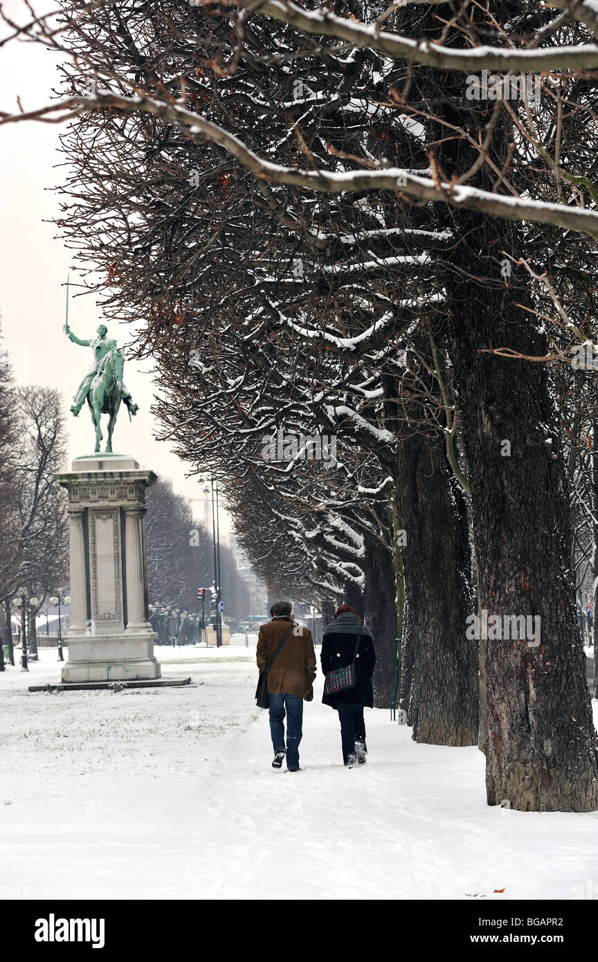 Paris, France, People walking in Snow Storm, Couple Walking behind ...