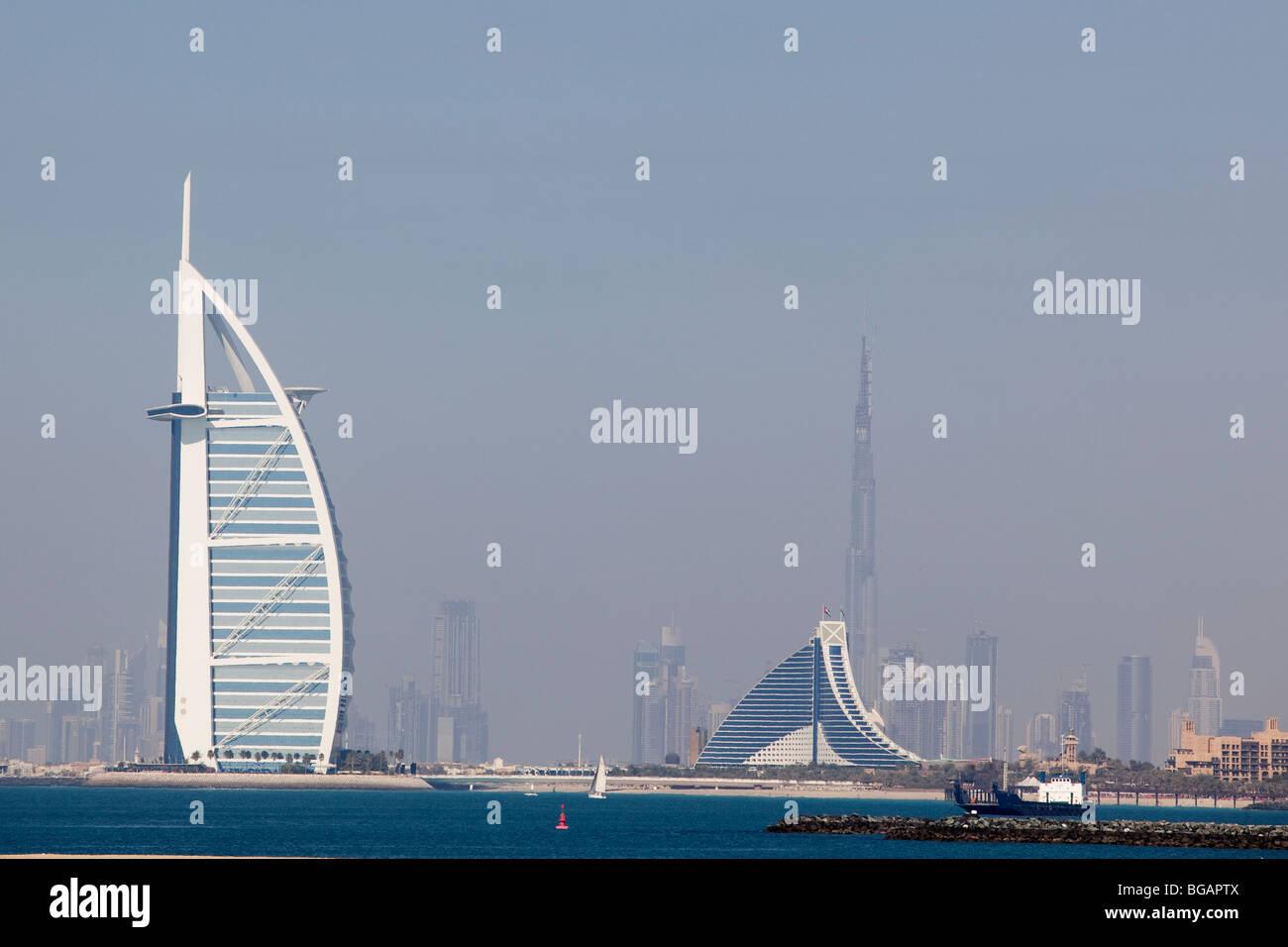 View from the Palm to Burj al-Arab Hotel with Burj Dubai, Dubai, United ...