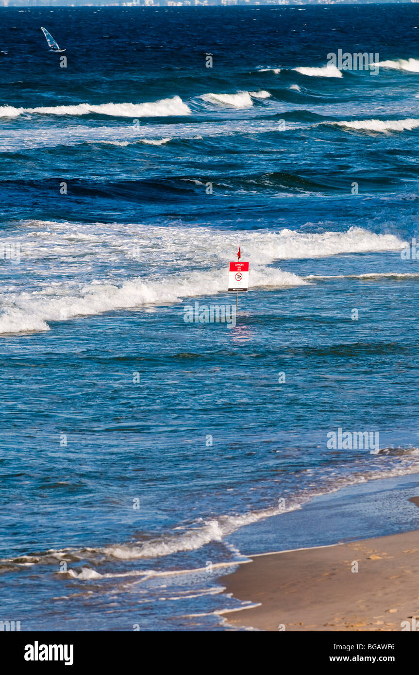 Warning sign on beach, Gold Coast, Queensland, Australia Stock Photo ...