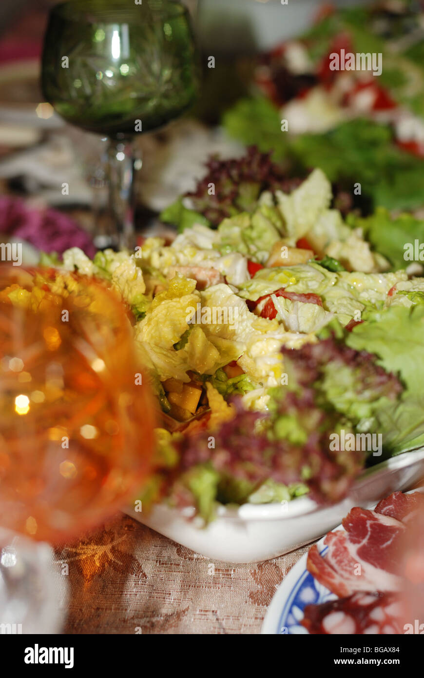 Celebratory lunch. Table layout by products, a various choice of dishes ...