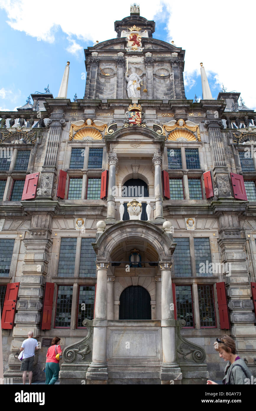 Delft Town Hall facade detail with visitors. Zuid, Holland Stock Photo ...