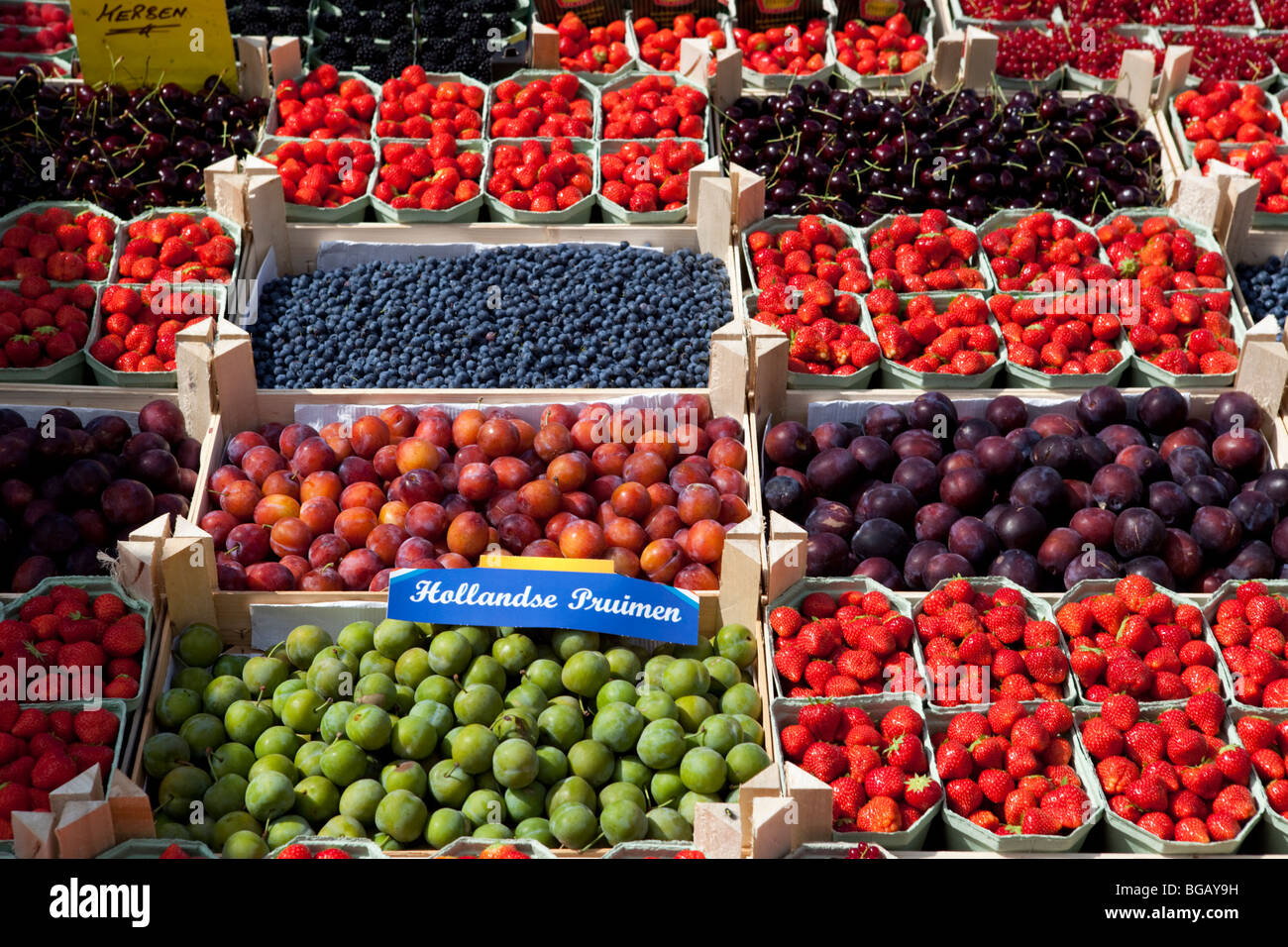 Fruit, market stall, strawberries, prunes, blueberries, cherries. Dutch ...