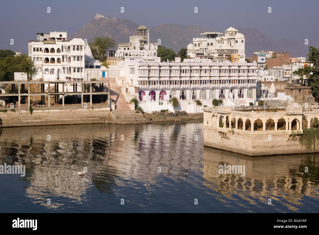 India Rajasthan Udaipur Lake Pichola hotel & distant view of Monsoon ...