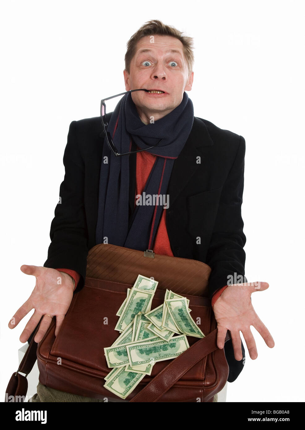 Tricky and greedy man with lots of cash on a white background Stock ...