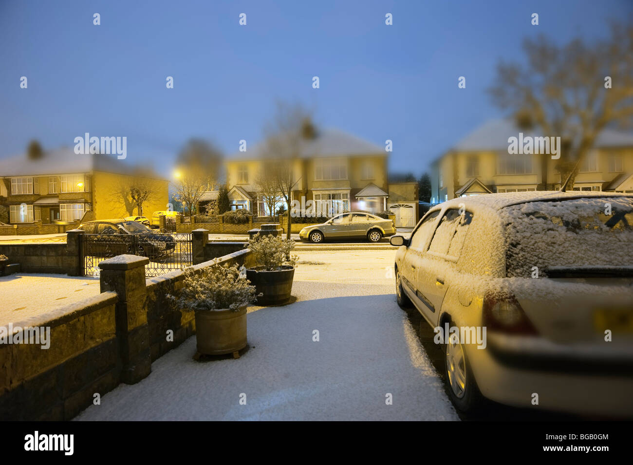 Winter suburban street with snow Stock Photo - Alamy