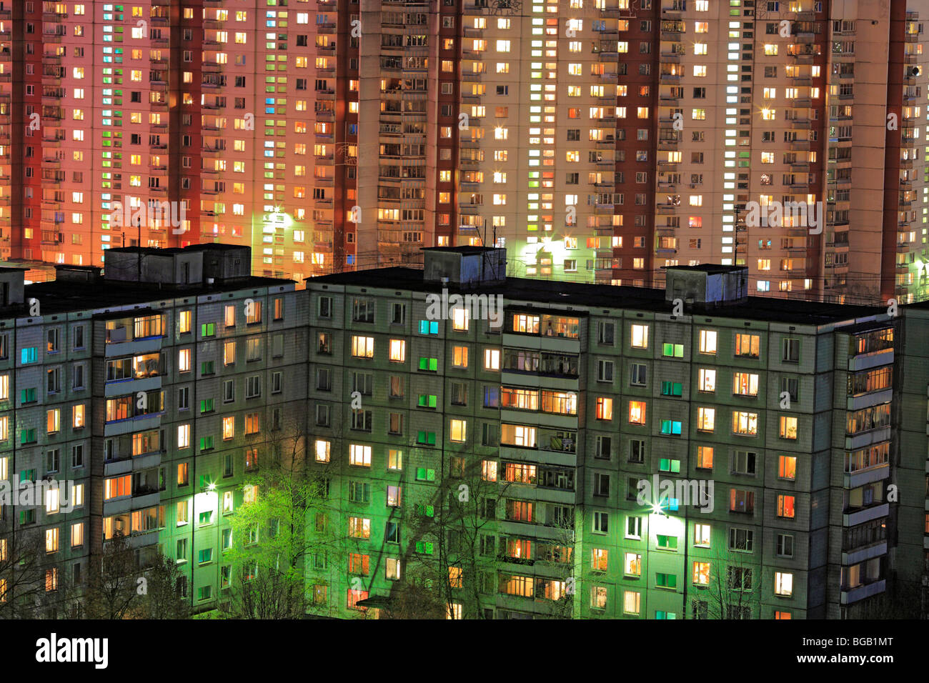 1980s apartment buildings in the evening with lights in windows, Moscow ...