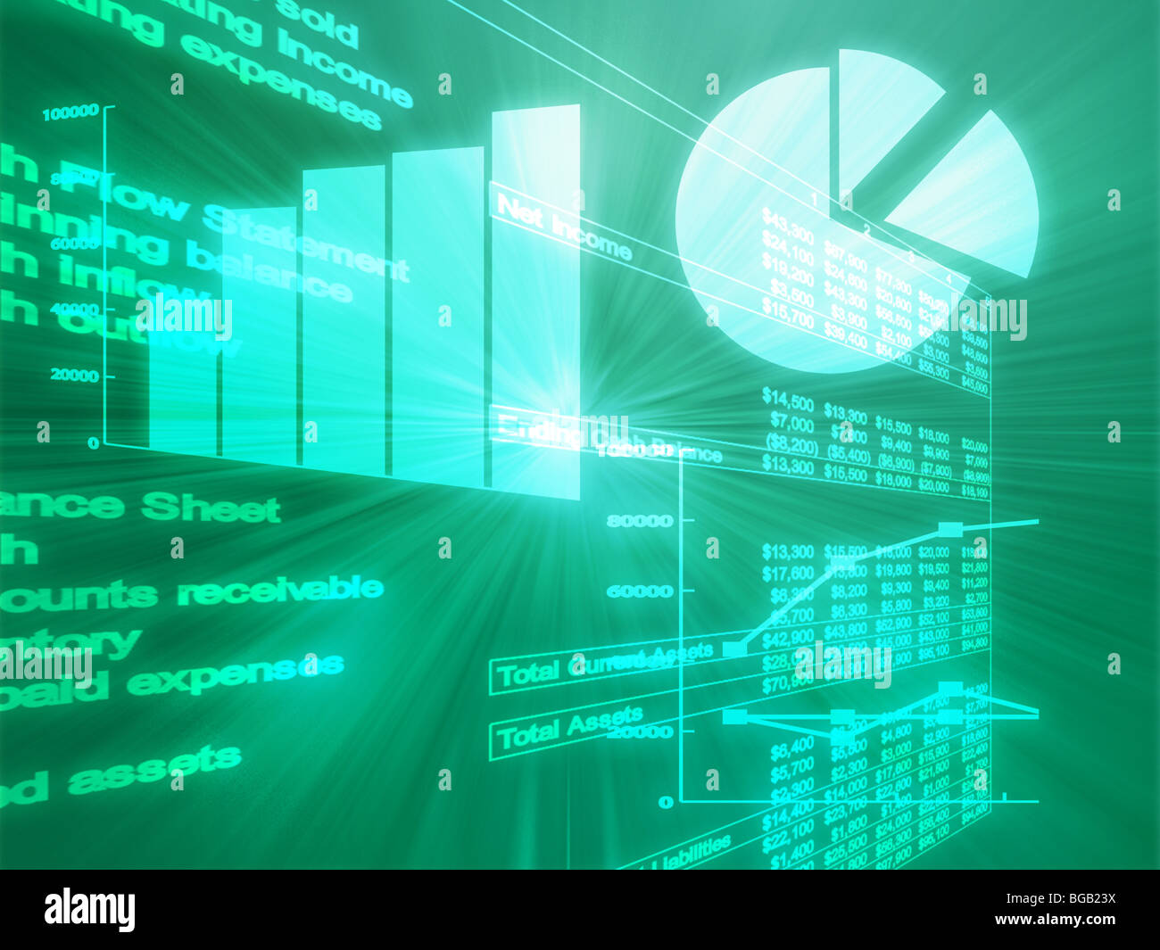 Illustration of Spreadsheet data and business charts in glowing ...