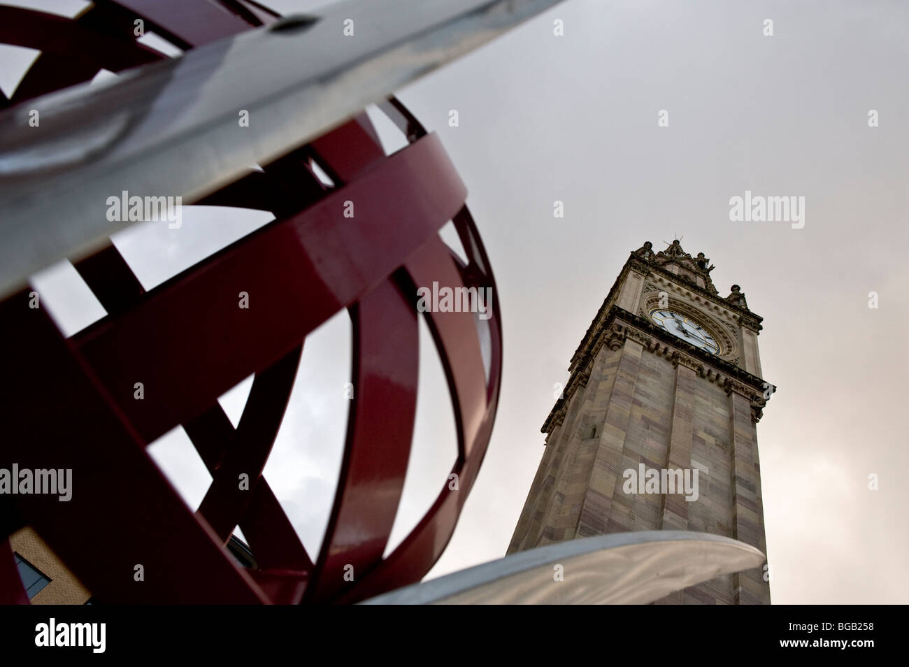Clock, Tower, Belfast, Northern Ireland with a sculpture in the ...