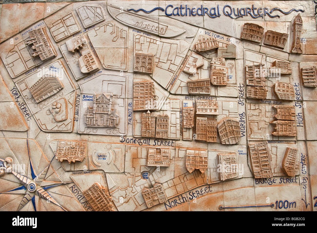 Belfast city map made from clay and mounting on a wall in the tourist ...