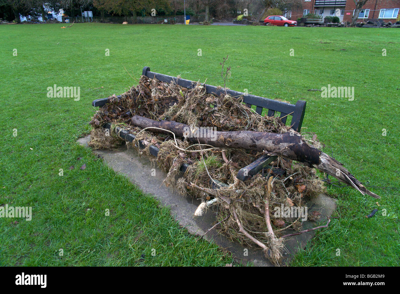 Flotsam on a park bench in Memorial Park 20 feet above the river ...