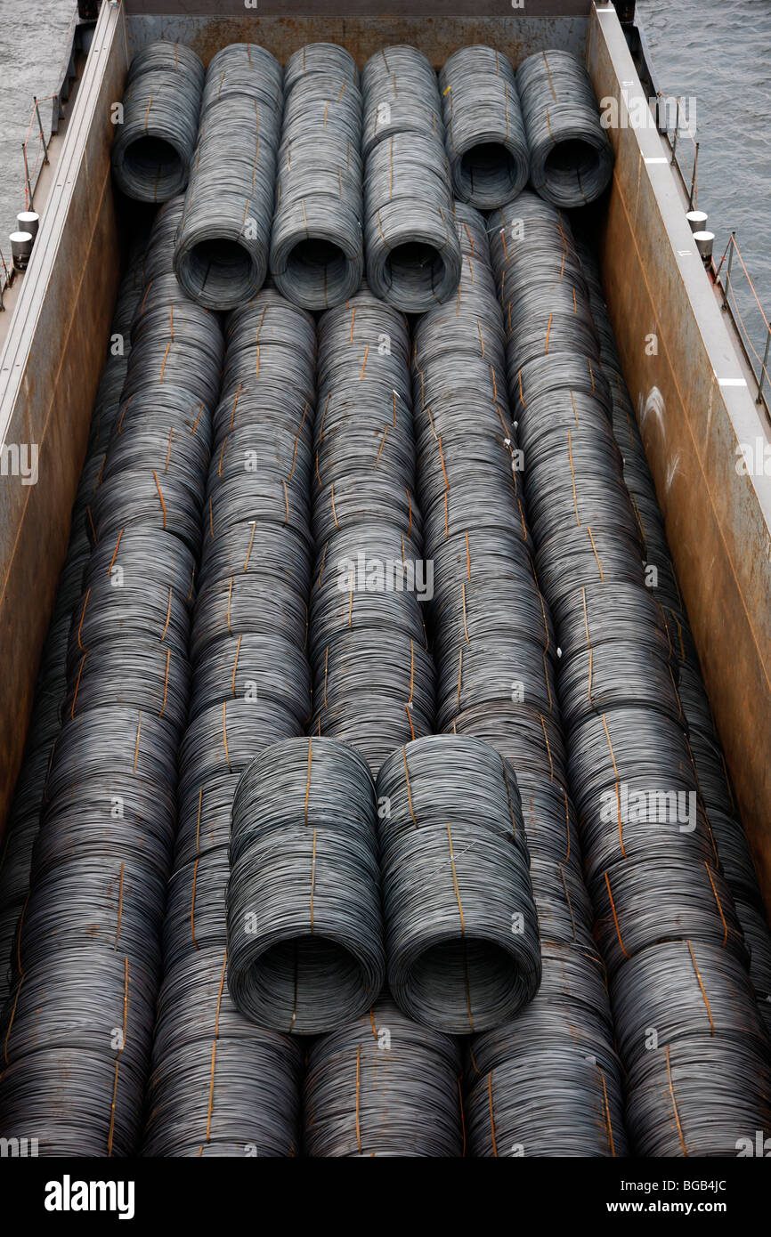 cargo boat with steel wire pipes at the Rhine-Herne-Canal. Herne, NRW ...