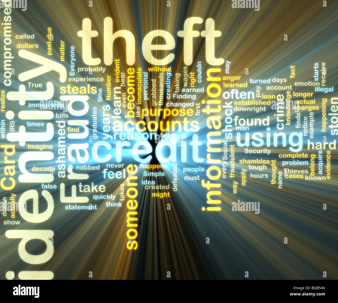 Word cloud tags concept illustration of identity theft glowing light ...