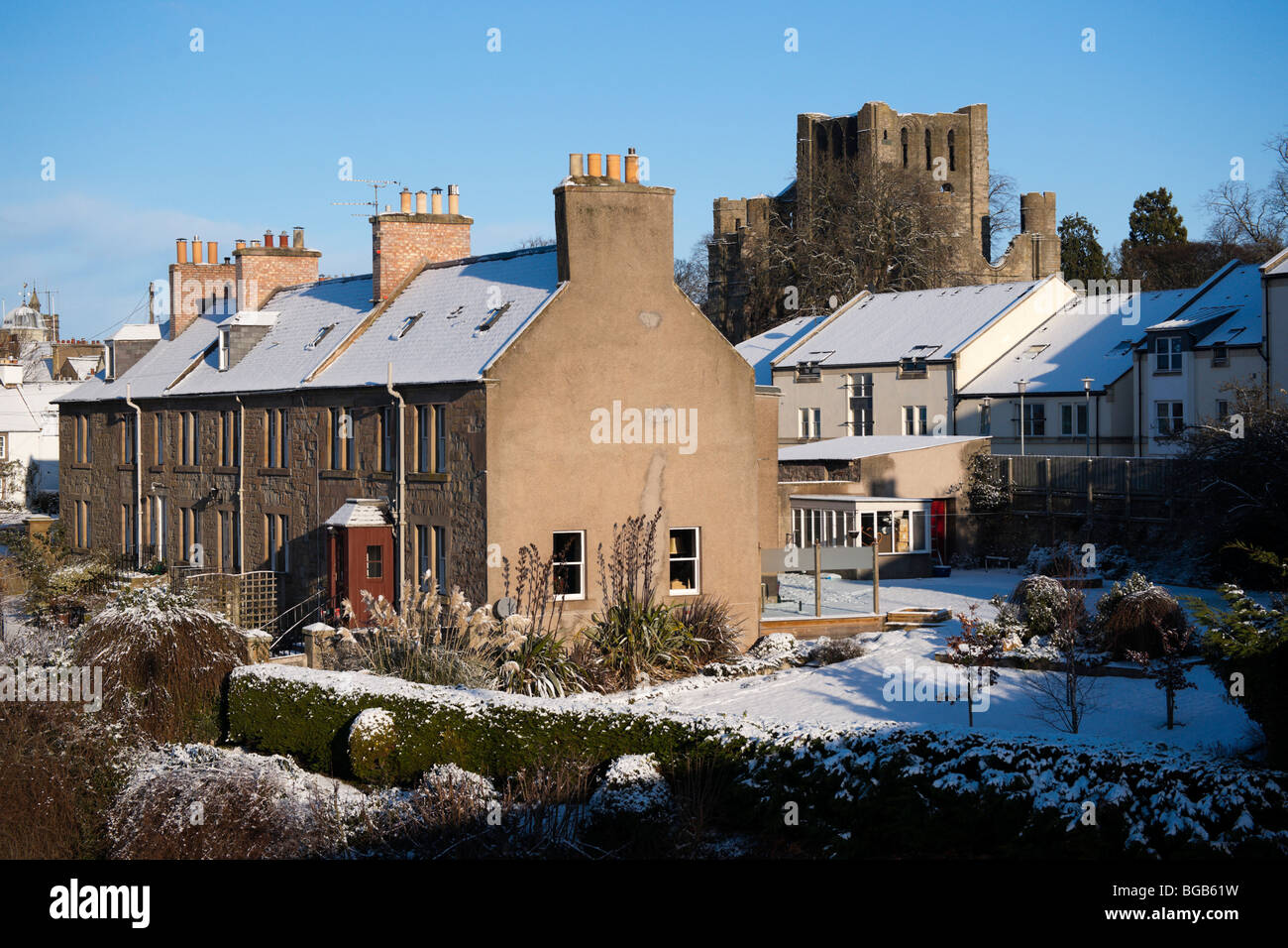 December snow scene Kelso Scottish Borders UK - the Abbey seen beyond ...