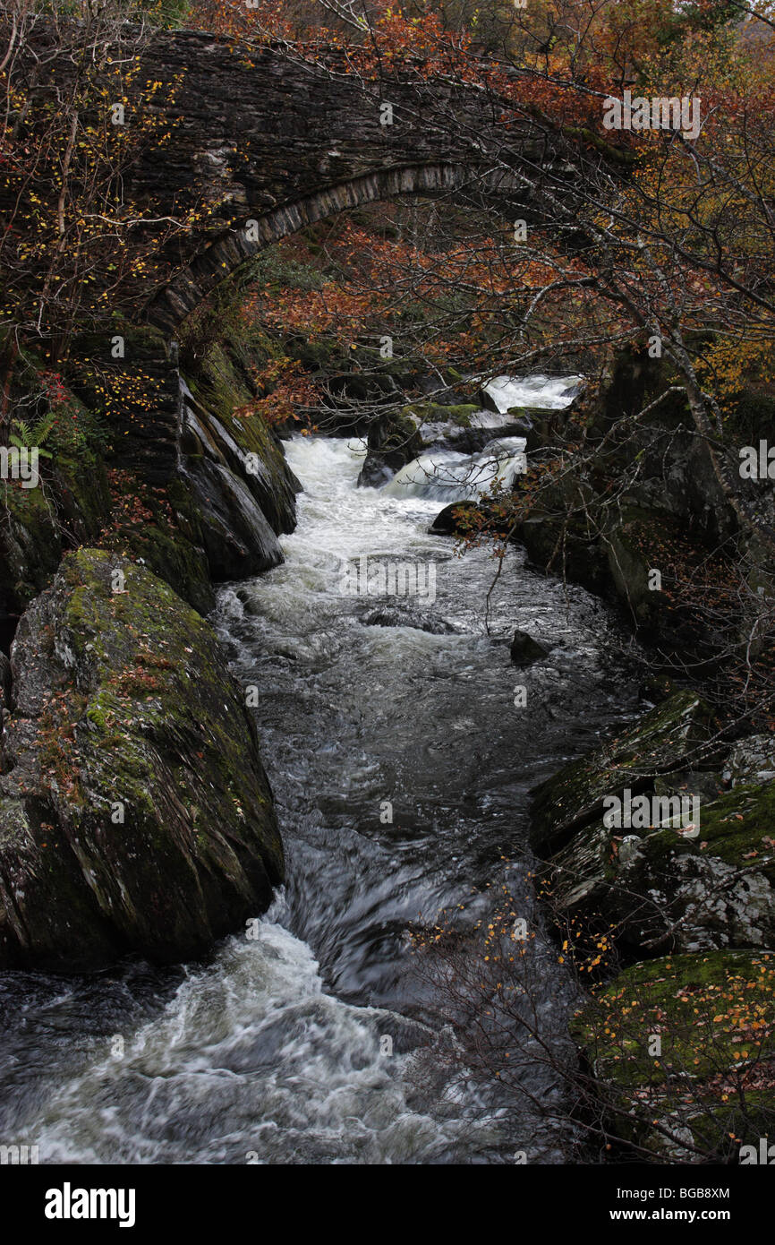 The turbulent Afon Llugwy flows under the bridge of Pont Cyfyng at ...