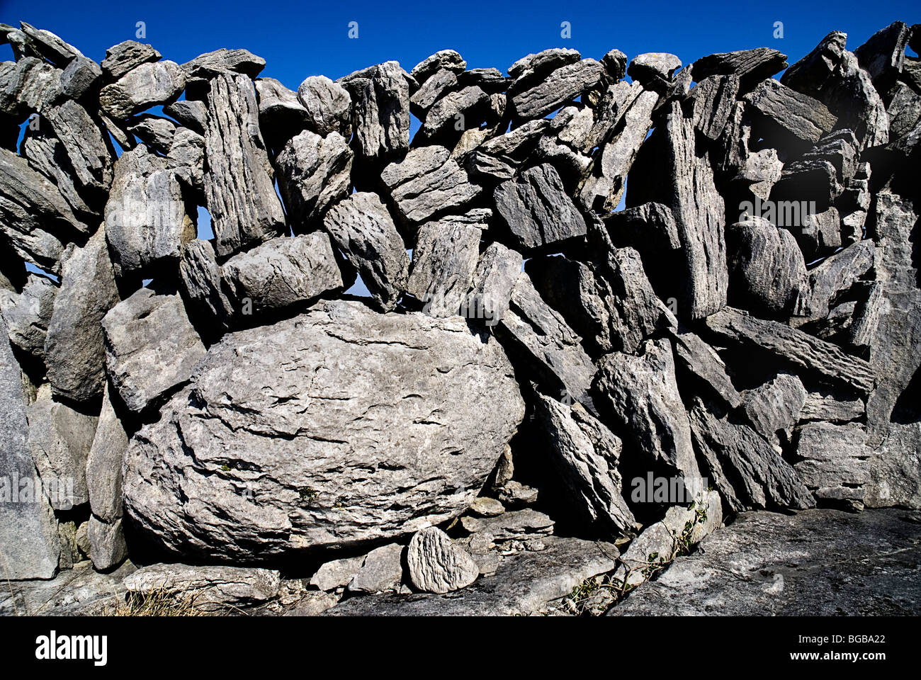 Ireland, County Clare, The Burren, detail of dry stone wall in the ...