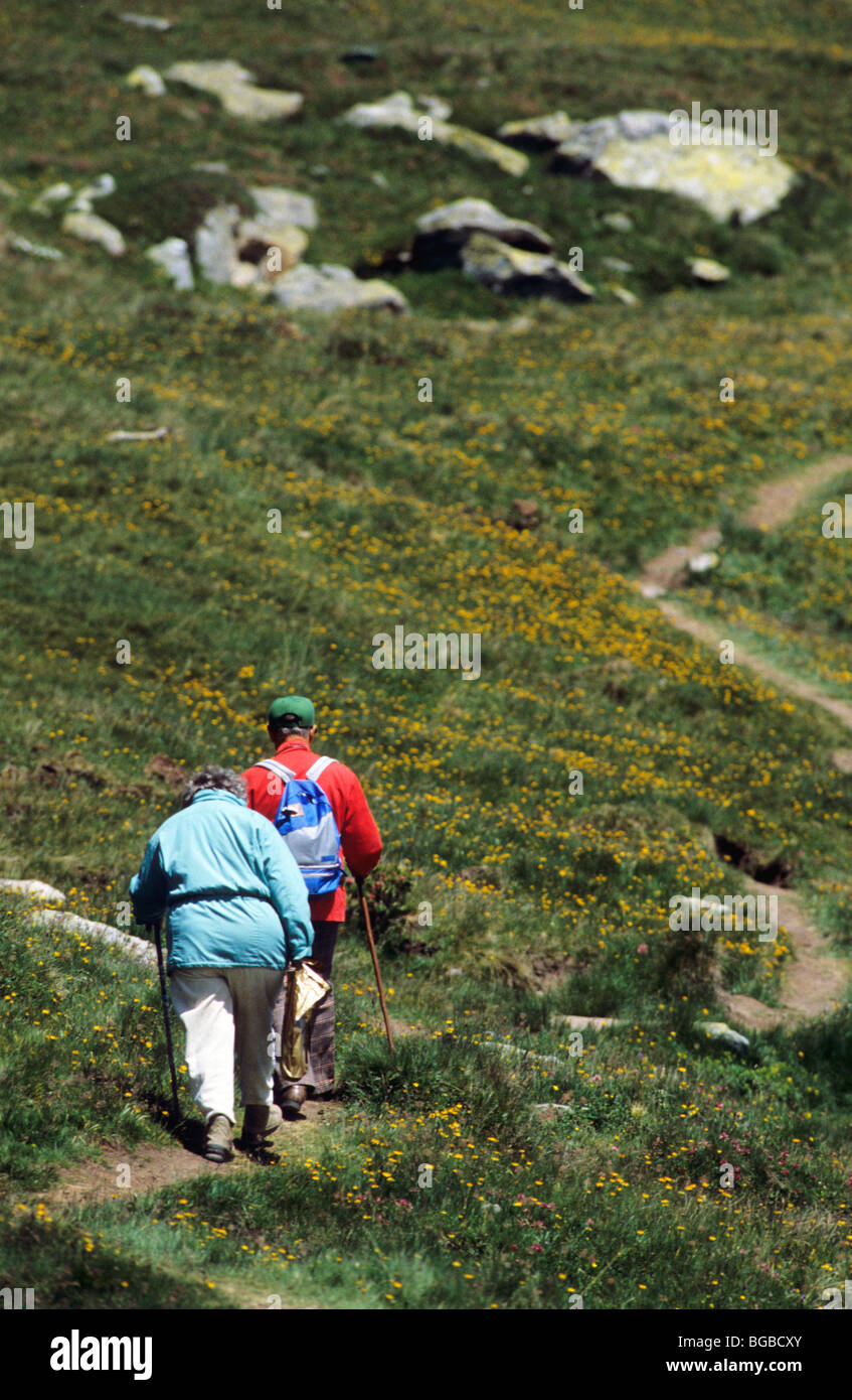 Two walkers walking along a hill side path Stock Photo - Alamy