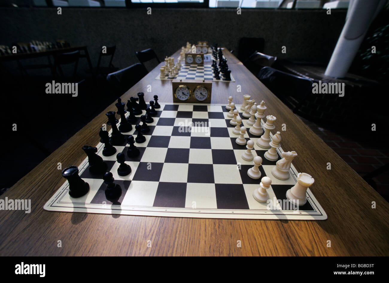 Tables set up for a chess match Stock Photo - Alamy