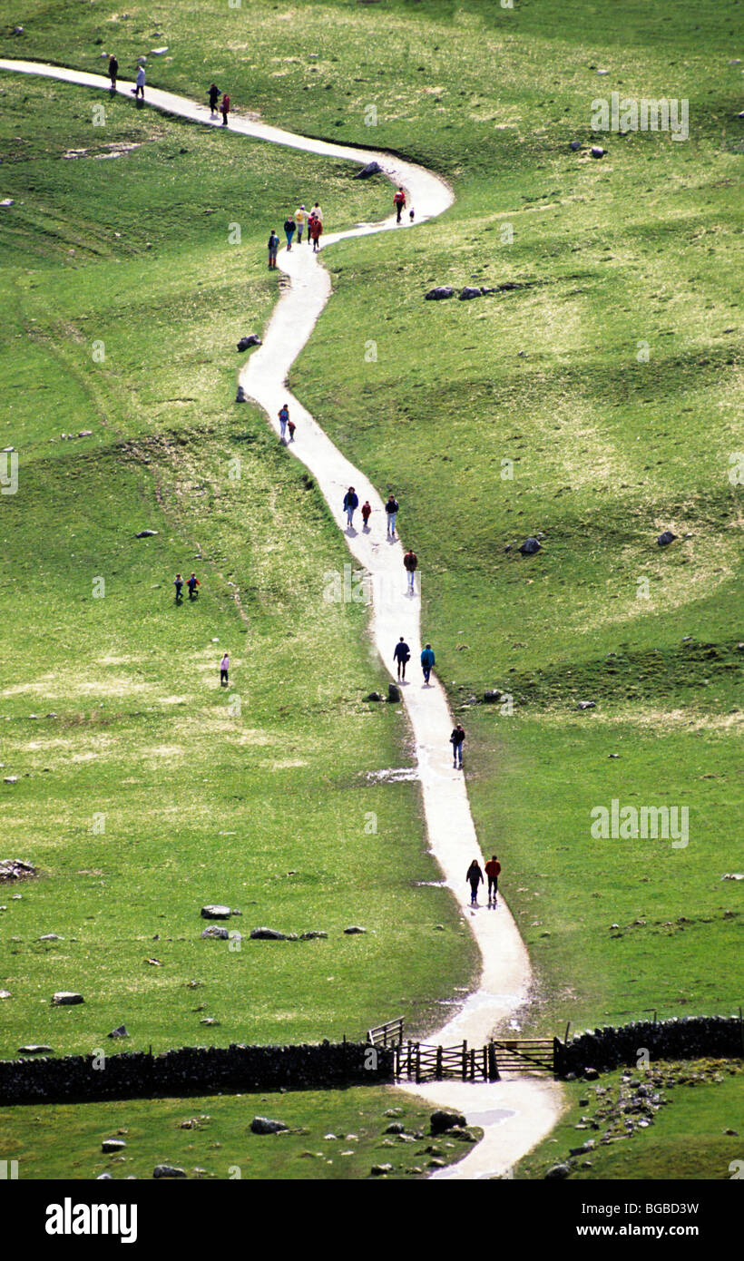 Overhead view of people walking along a country path Stock Photo - Alamy