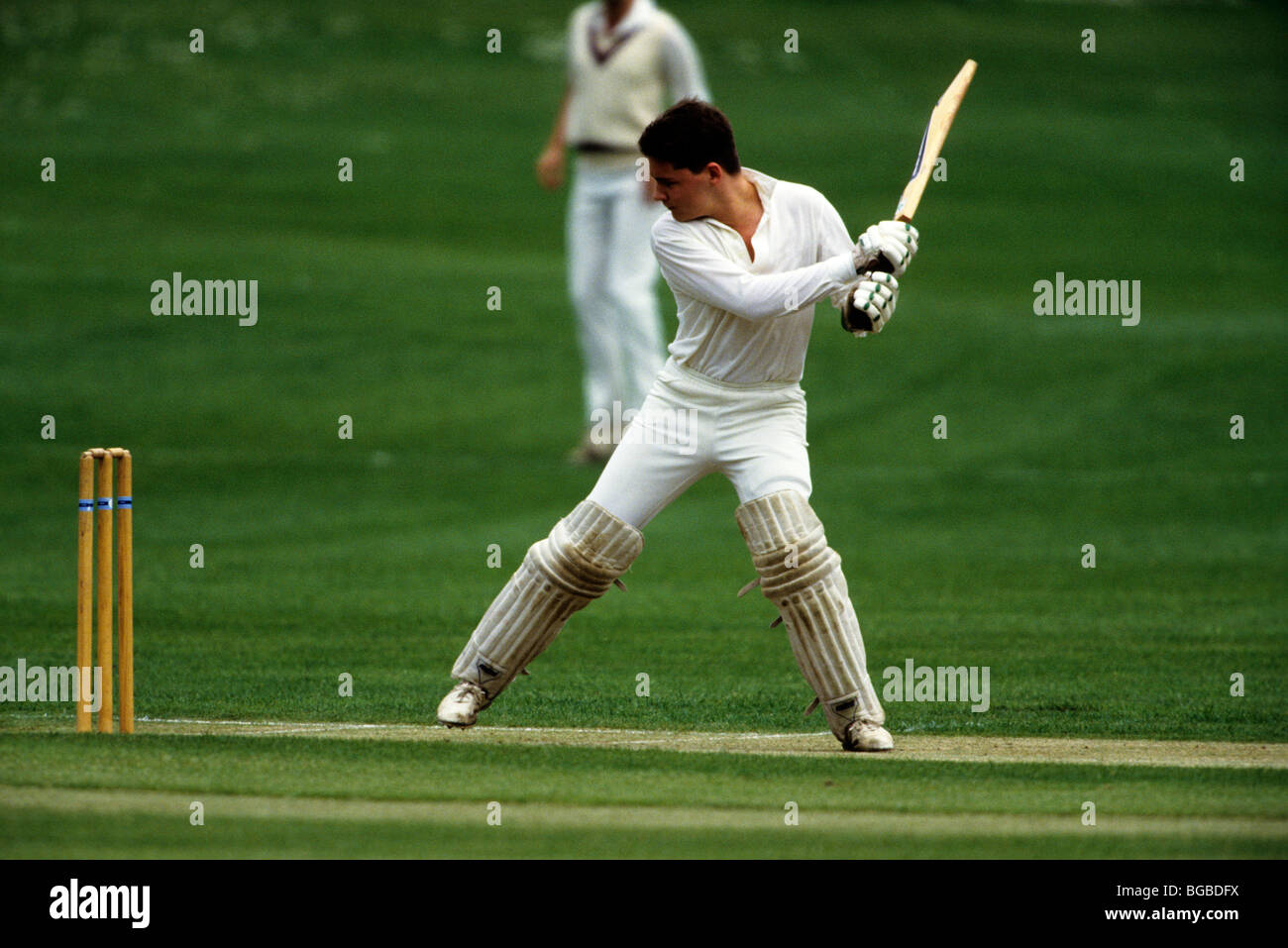 Cricketer bats the ball Stock Photo - Alamy