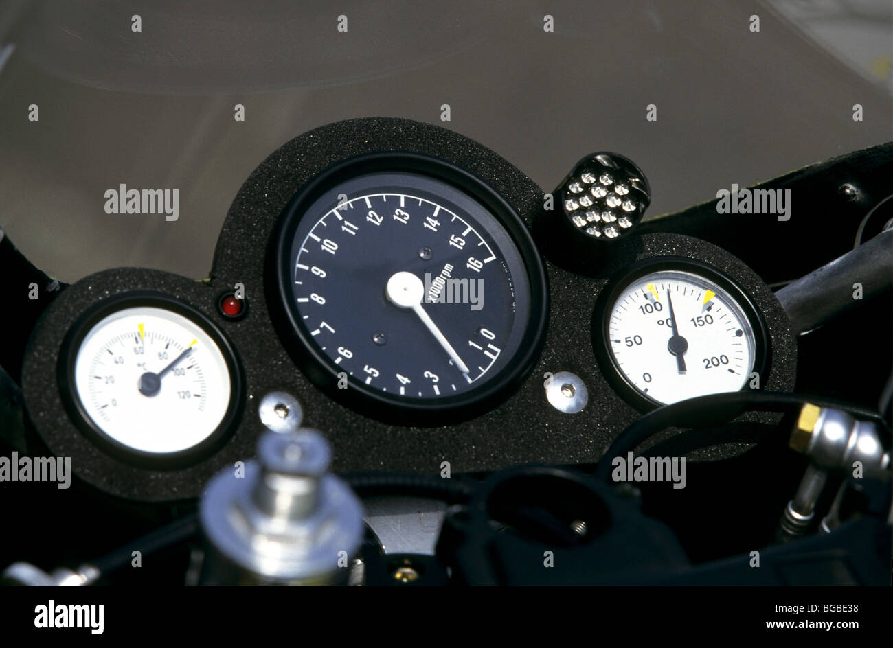 Racing Motorcycle view of handelbars, controls and forks Stock Photo ...