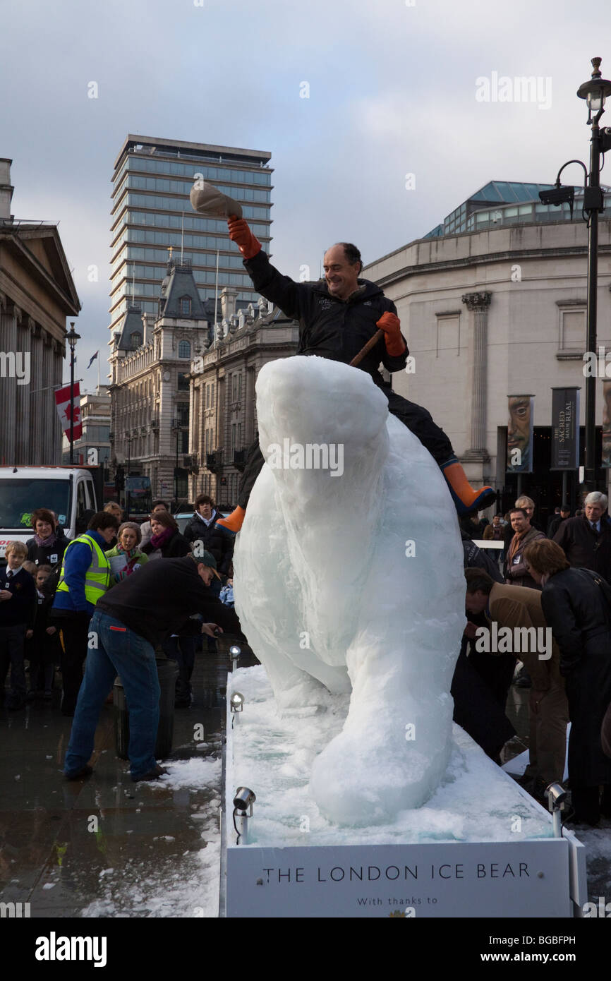 Mark Coreth on top of his Ice Bear Project sculpture, Trafalgar Square ...