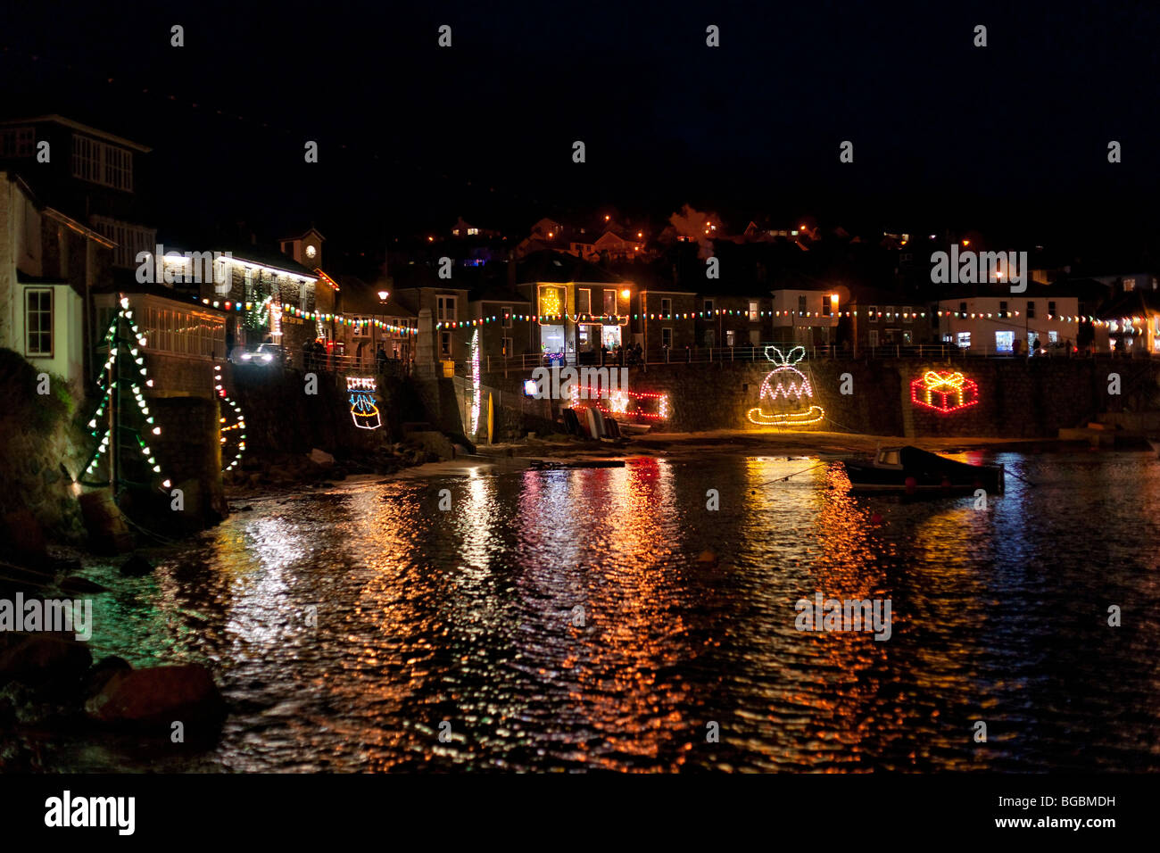 Mousehole Christmas Lights at night 2009/10 Stock Photo - Alamy