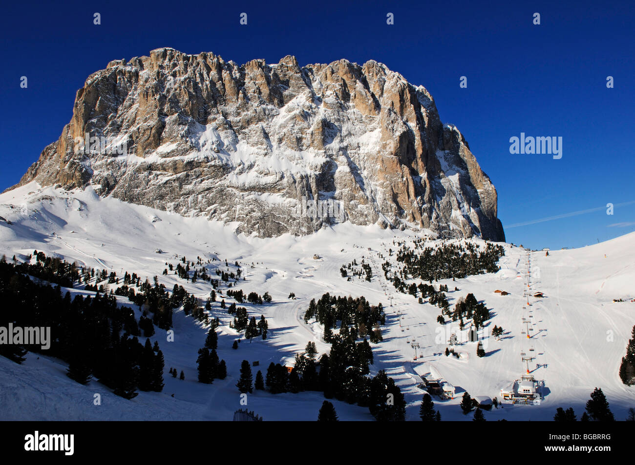 Ski piste at Santa Cristina, Selva, Langkofel mountain, Sella Ronda ...