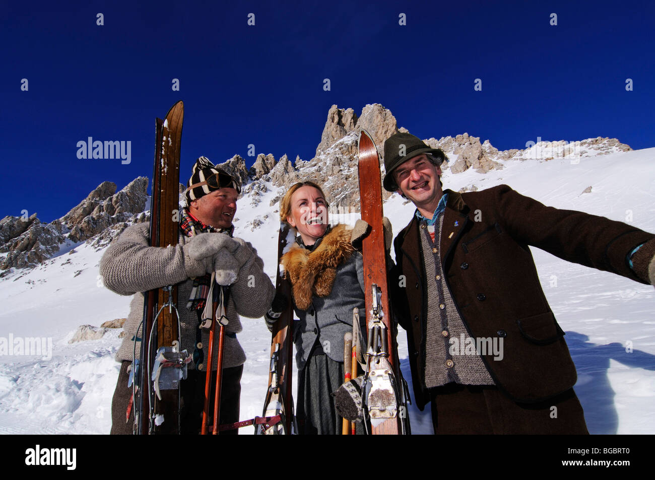 Participants in nostalgic ski race, Sella Ronda, Passo Gardena, Val ...