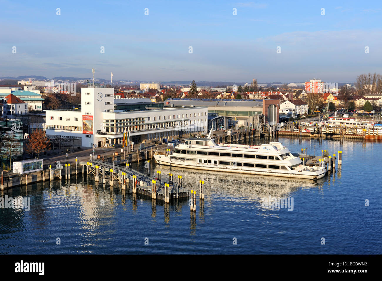 View of the Graf Zeppelin Museum, and the docks of the Bodensee ...